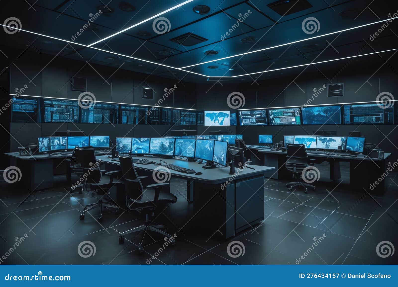 Empty Interior of Big Modern Security System Control Room, Workstation ...