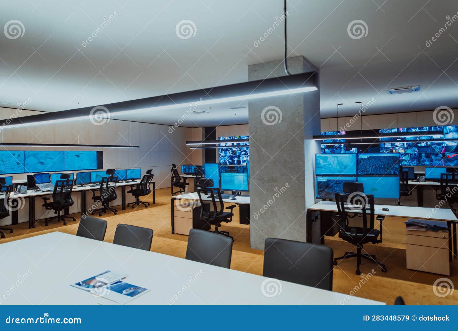 Empty Interior of Big Modern Security System Control Room, Workstation ...