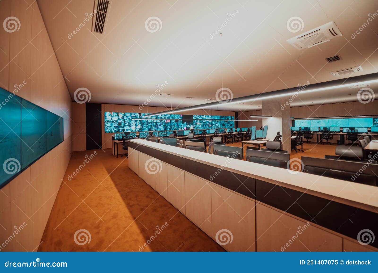 Empty Interior of Big Modern Security System Control Room, Workstation ...