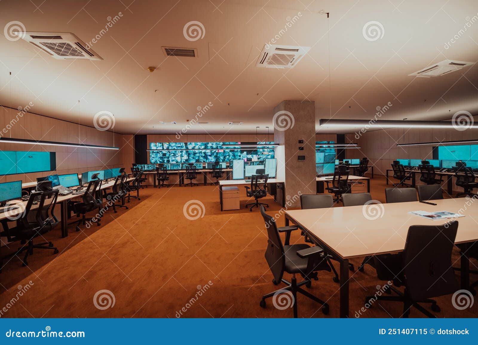 Empty Interior Of Big Modern Security System Control Room, Workstation ...