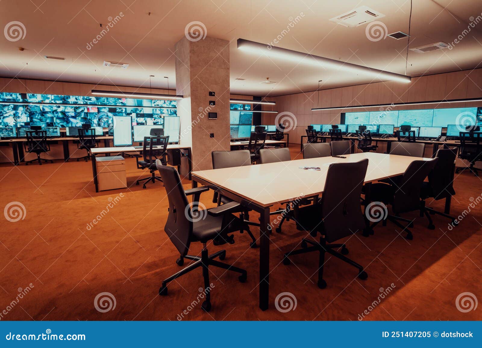 Empty Interior of Big Modern Security System Control Room, Workstation ...