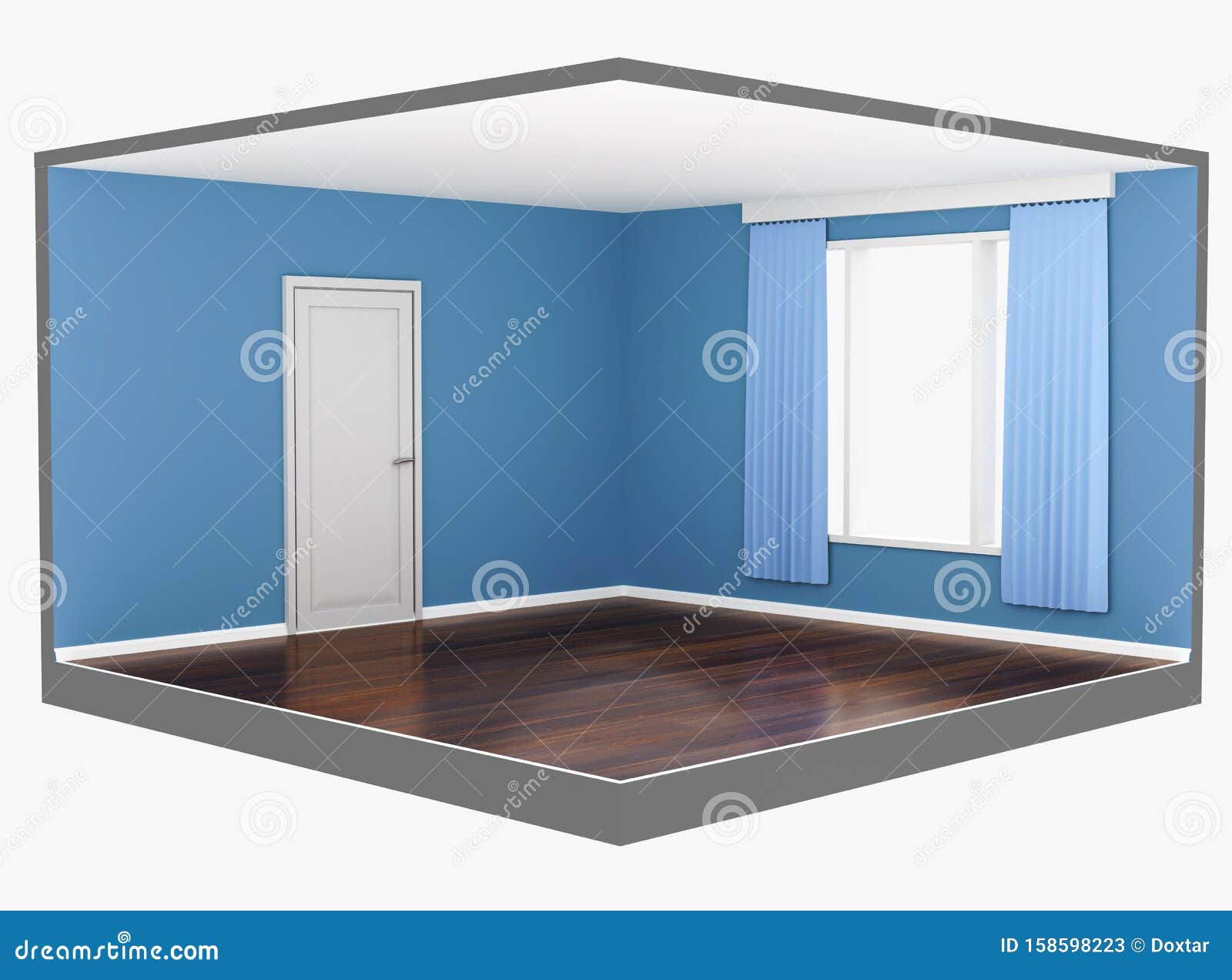 Empty Interior of a Blue Room with a Large Window and a Dark Parquet ...