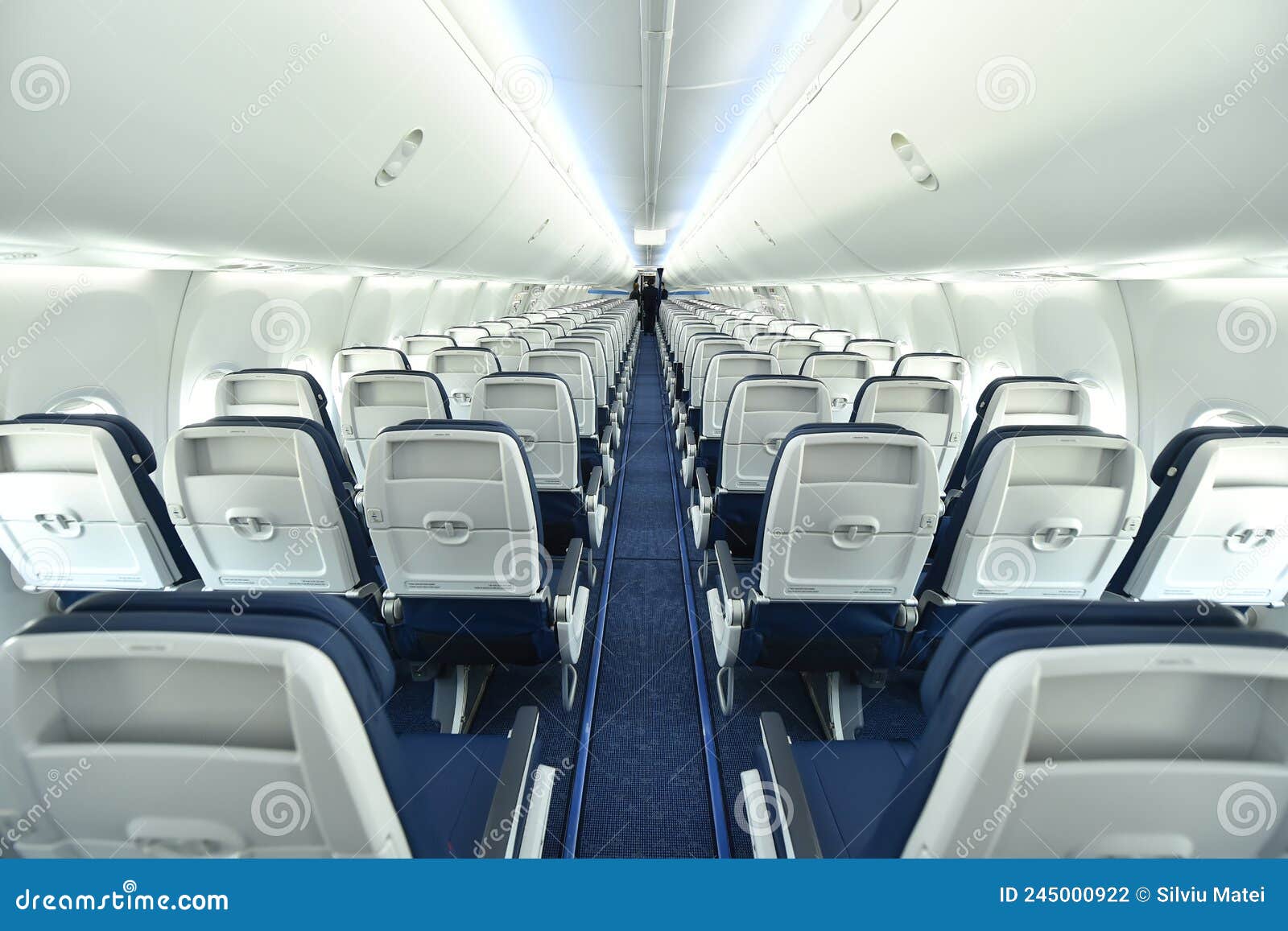 Empty Interior of Modern Airplane Boeing 737-8 Max with Blue Seats and ...