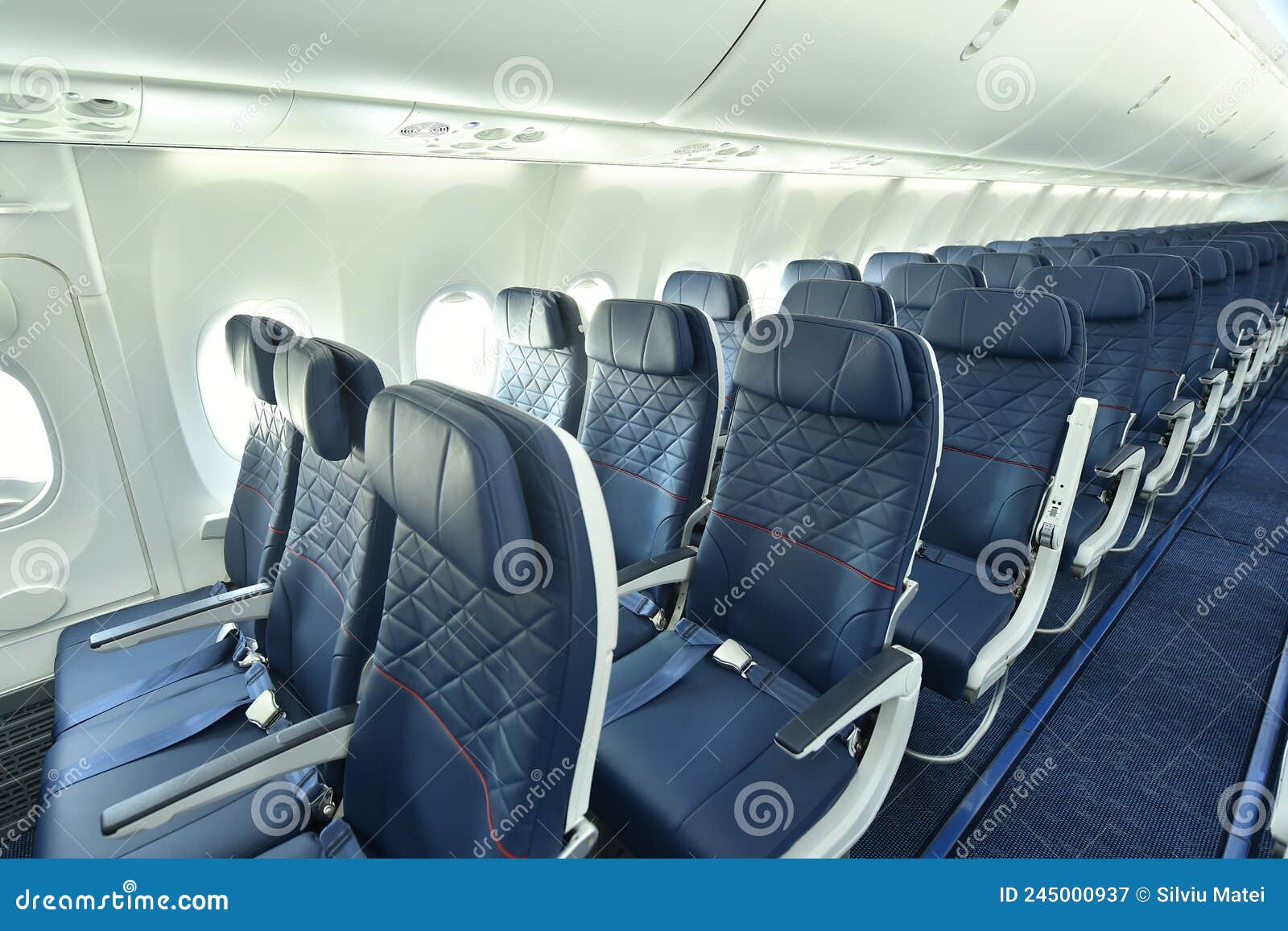 Empty Interior of Modern Airplane Boeing 737-8 Max with Blue Seats and ...