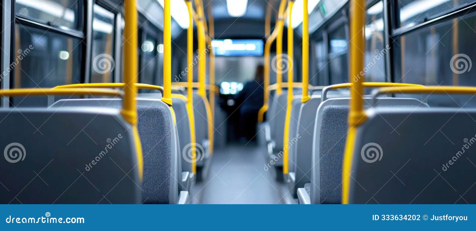 Empty Interior Of Modern City Bus With Yellow Handrails Royalty-Free ...