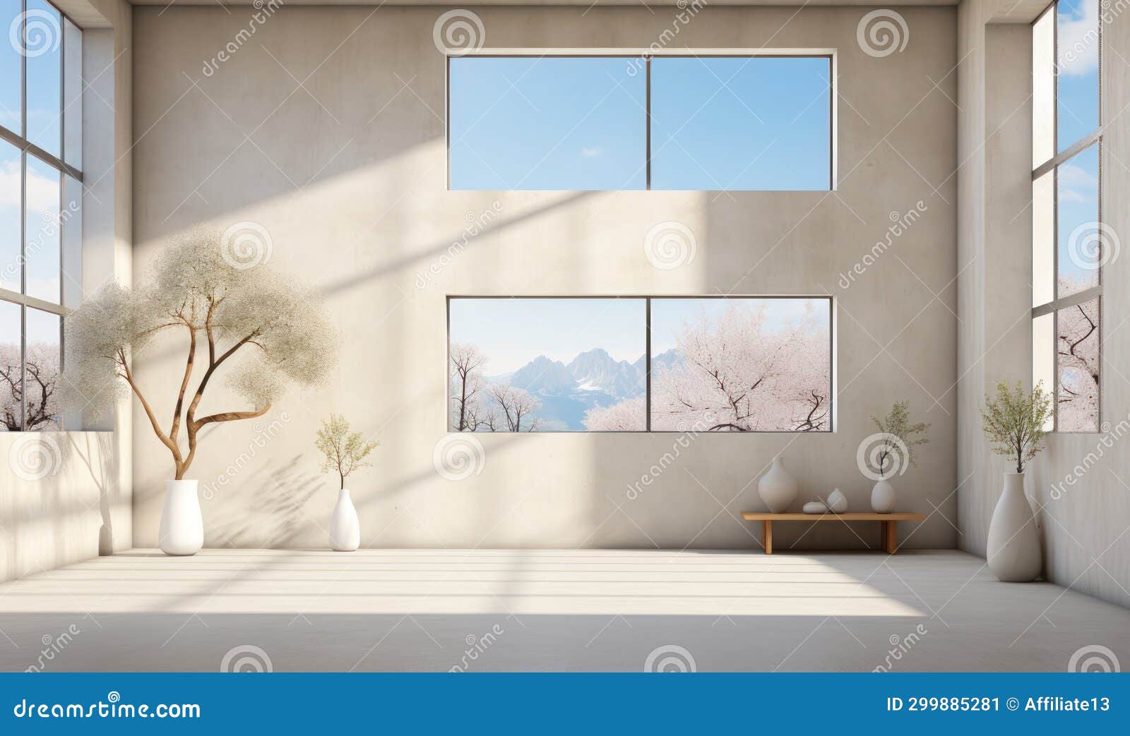 Empty Interior Room Space, Big Windows, Concrete Floor with a Large ...