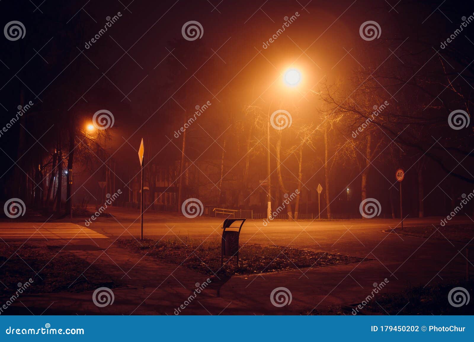 Empty Intersection at Night during Low Fog Stock Photo - Image of ...
