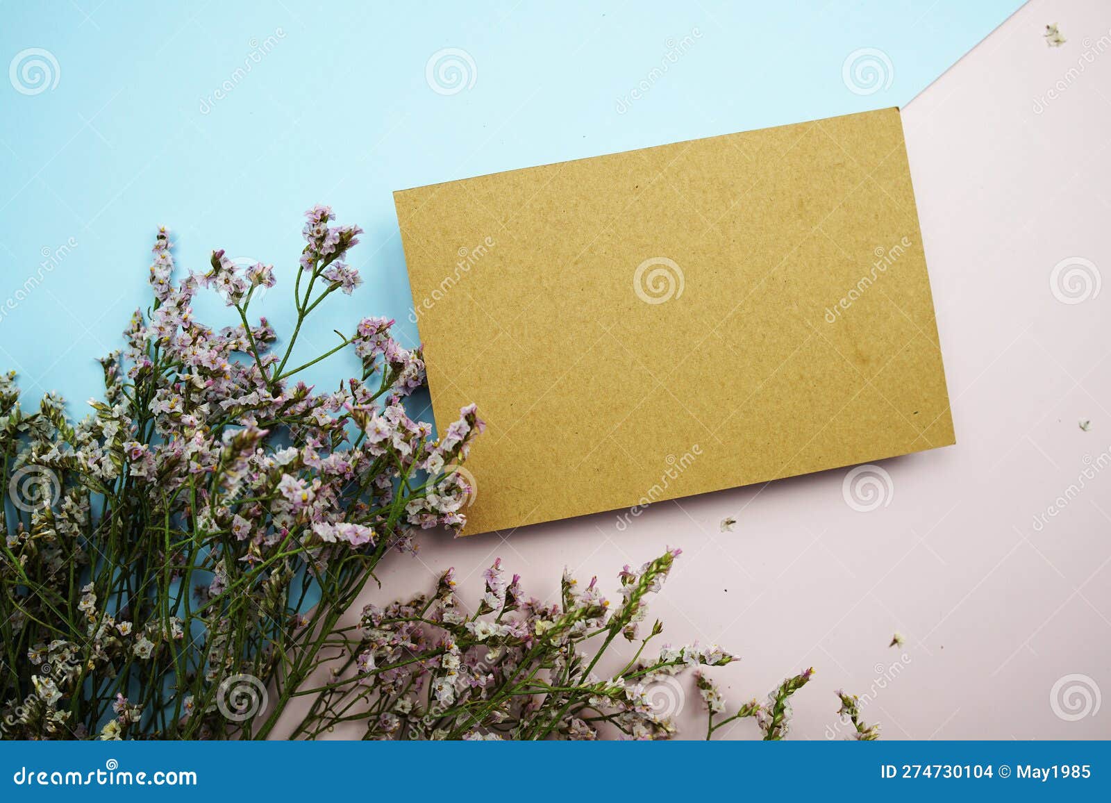 Empty Invitation Card Mockup with Flower Bouquet on Pink and Blue ...