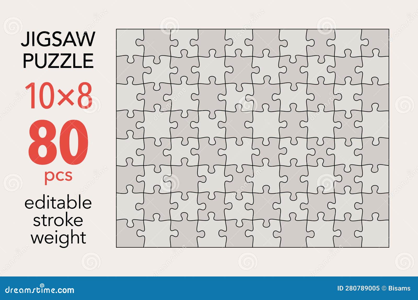 Empty Jigsaw Puzzle Grid Template, 10x8 Shapes, 80 Pieces. Separate ...