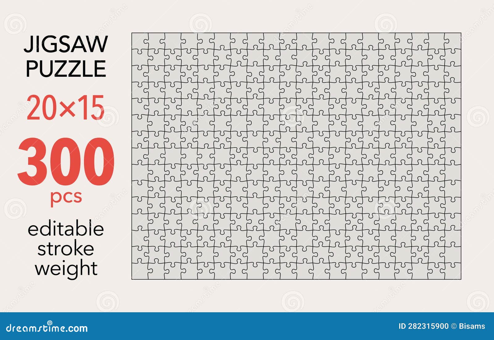 Empty Jigsaw Puzzle Grid Template, 20x15 Shapes, 300 Pieces. Separate ...