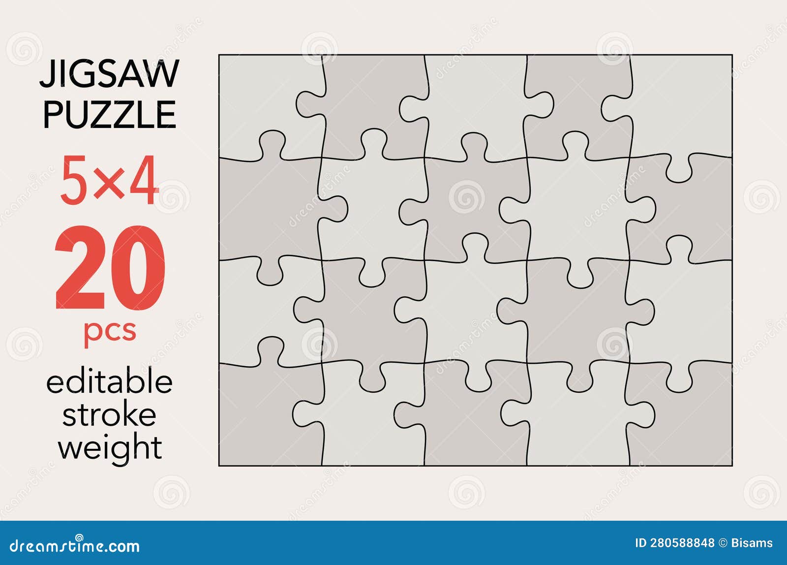 Empty Jigsaw Puzzle Grid Template, 5x4 Shapes, 20 Pieces. Separate ...