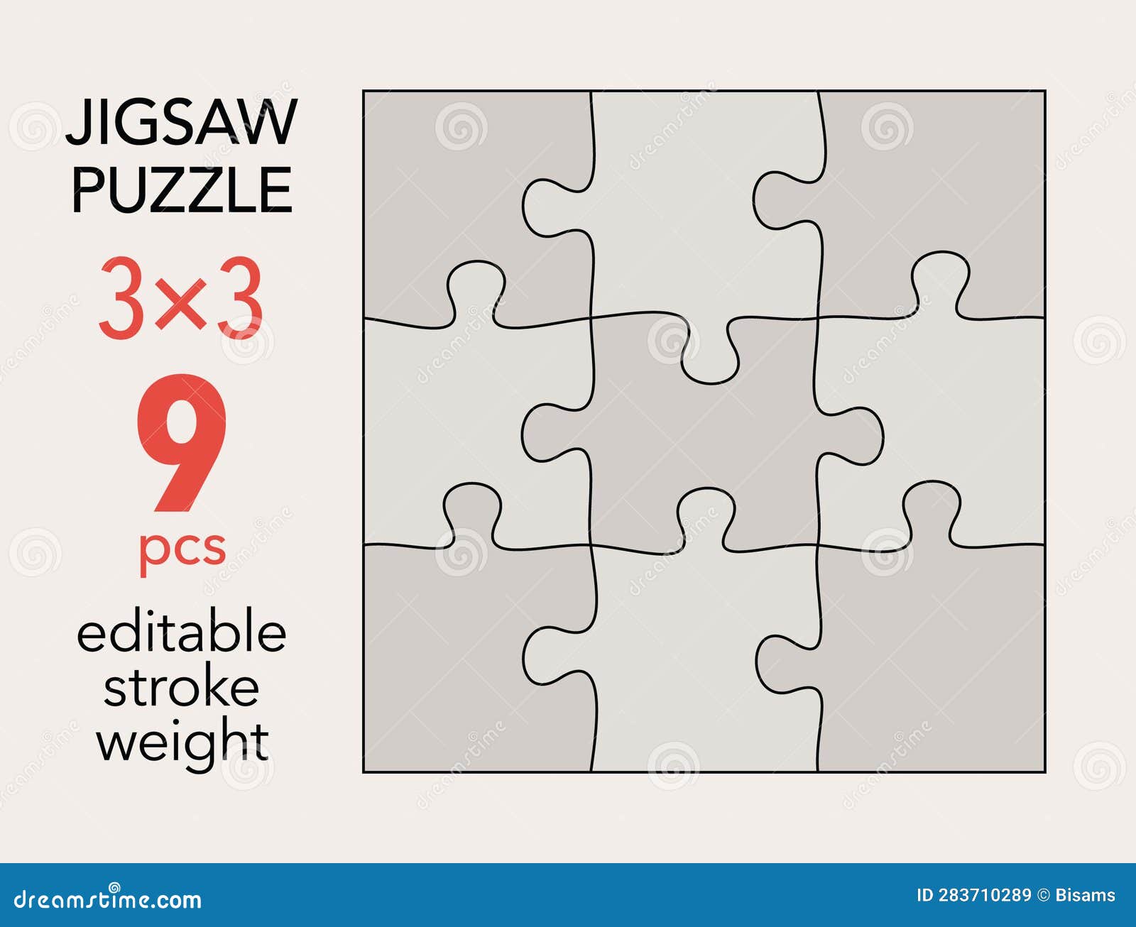 Empty Jigsaw Puzzle Grid Template, 3x3 Shapes, 9 Pieces. Separate ...