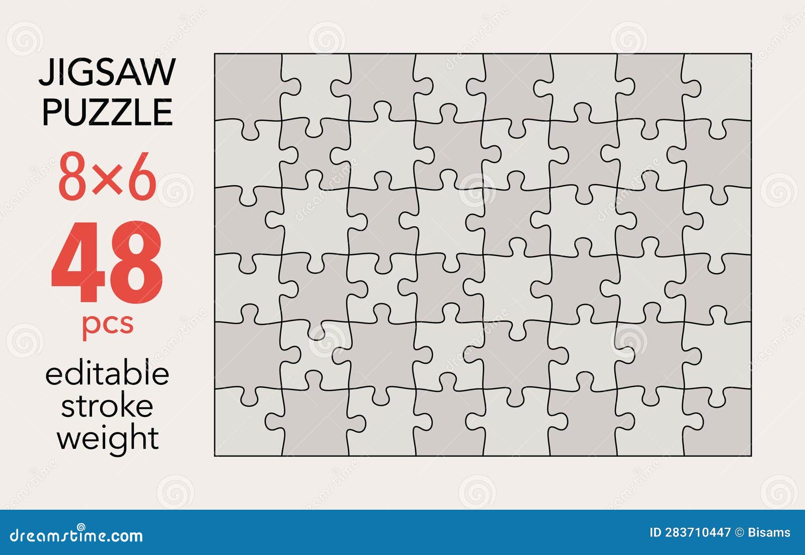 Empty Jigsaw Puzzle Grid Template, 8x6 Shapes, 48 Pieces. Separate ...