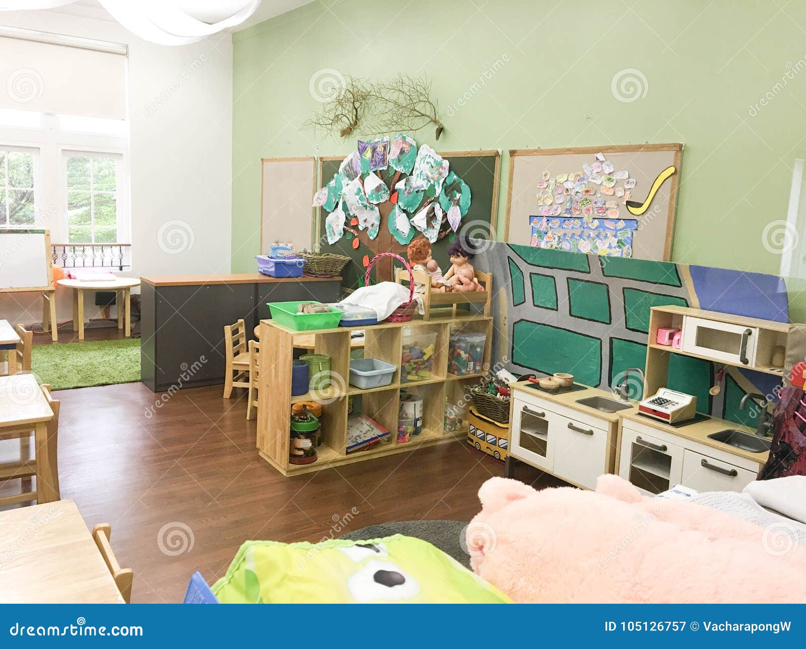 Empty Kindergarten Class Room with Kids Stuffs and Toys Stock Image ...