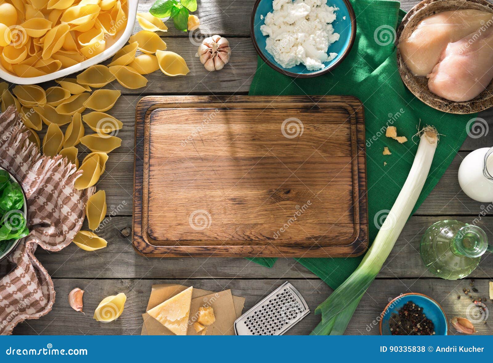 Empty Kitchen Board with Ingredients for Cooking Delicious Pasta Stock ...