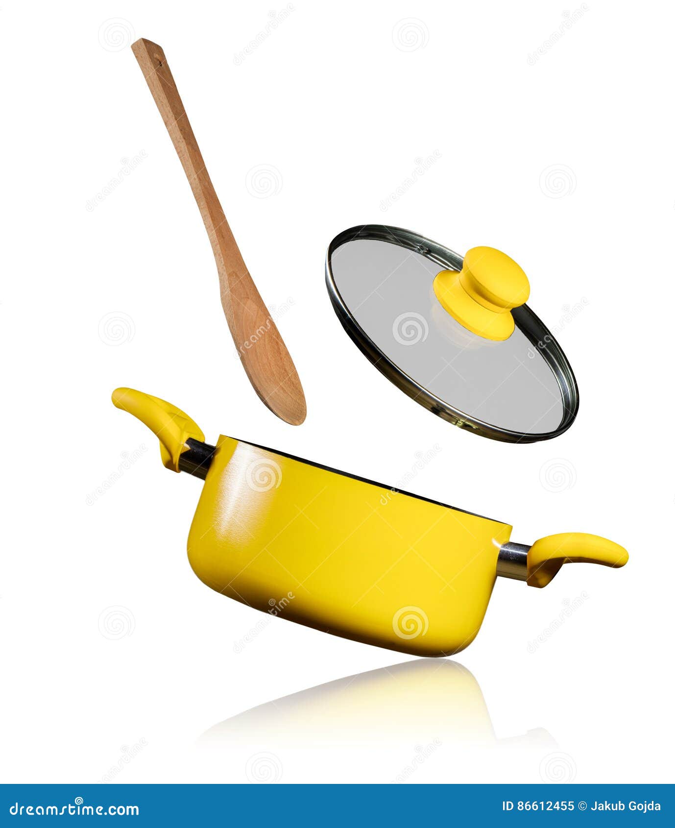 Empty Kitchen Pot with Flying Lid and Spoon Stock Image - Image of ...