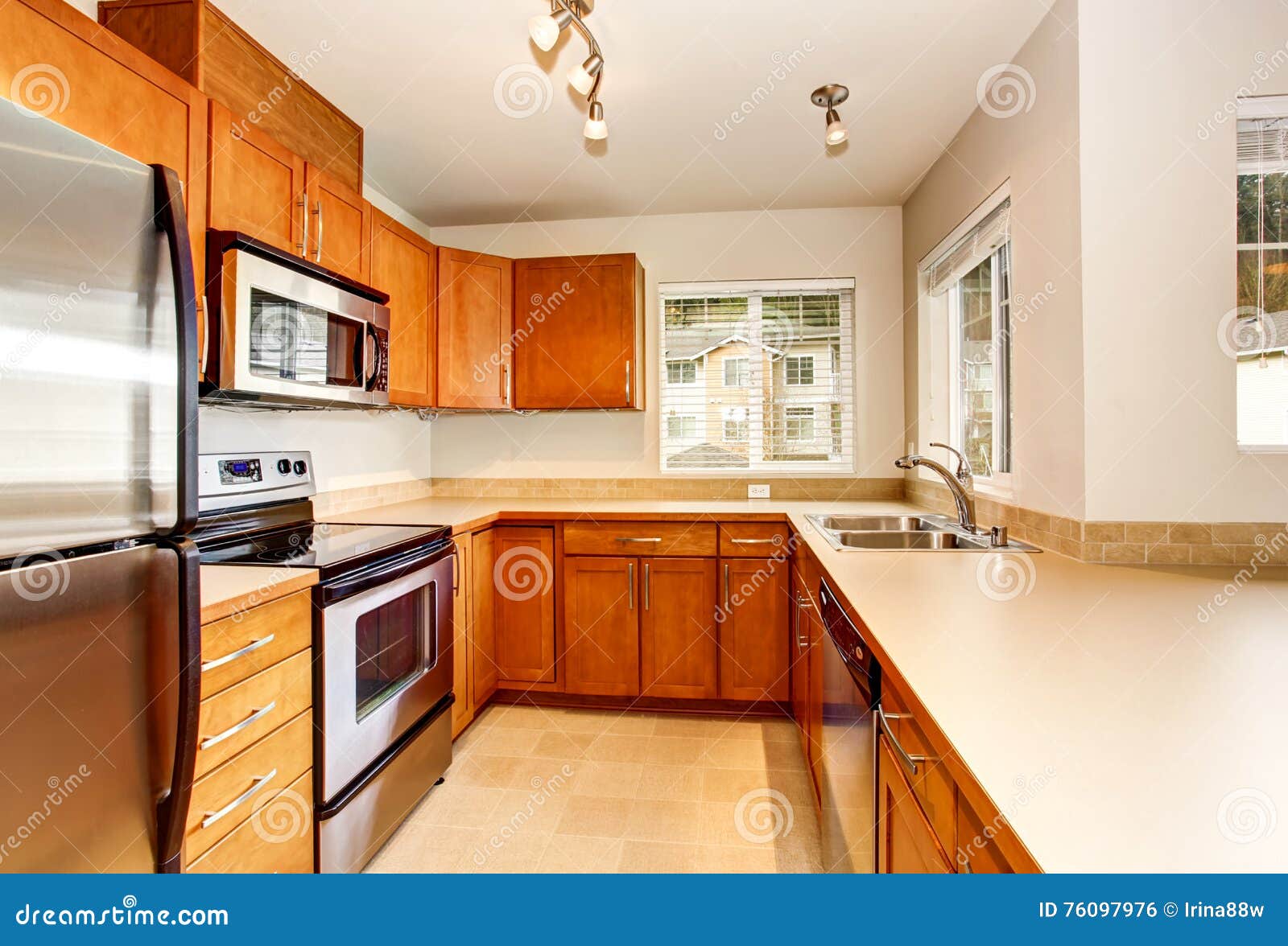 Empty Kitchen Room Interior with Wooden Cabinets and Tile Floor. Stock ...