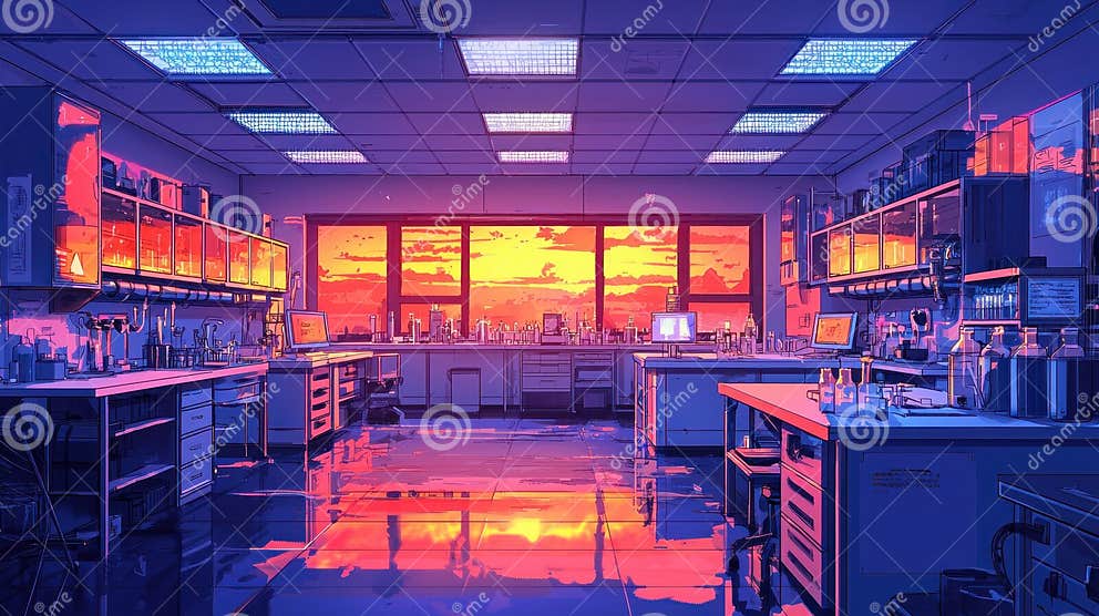 Empty Lab Room with a Large Window Overlooking a Vibrant Sunset Stock ...