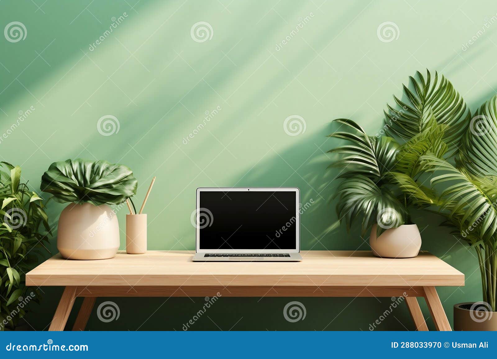 Empty Laptop Screen on Desk with Green Mockup Background. AI Stock ...