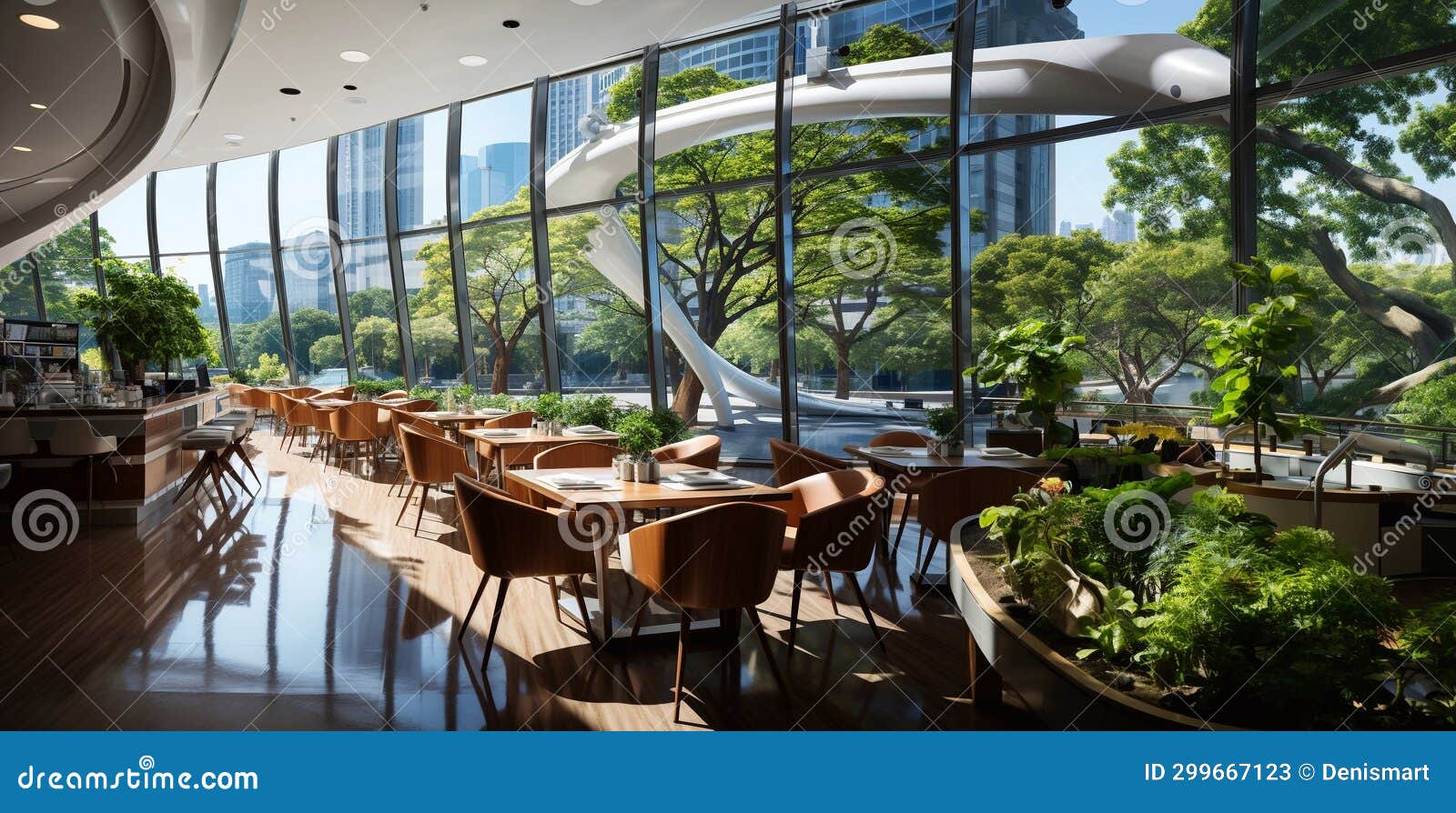 Empty Large Modern Cafeteria with Eco Interior and Large Windows with ...