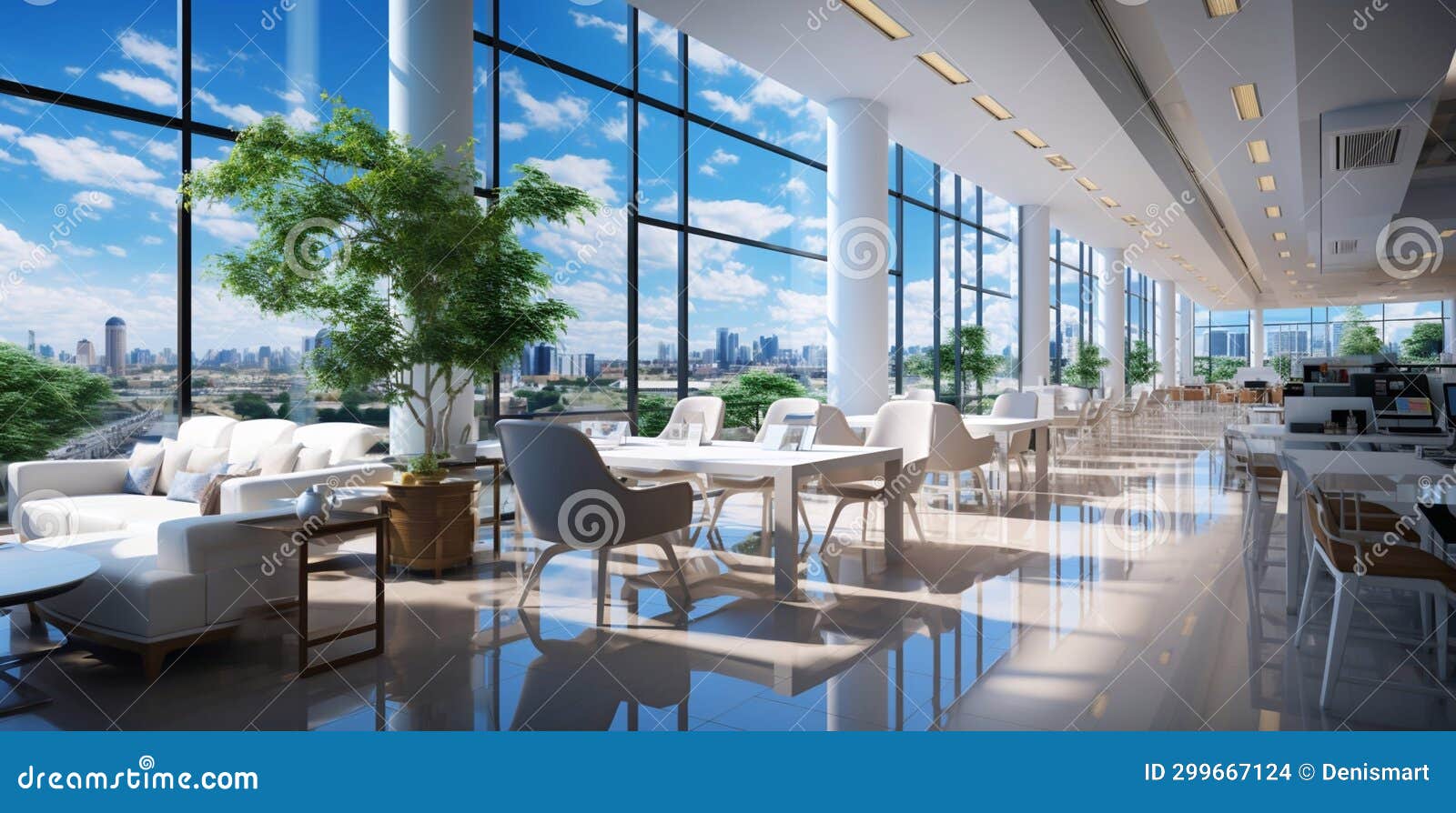 Empty Large Modern Cafeteria with Eco Interior and Large Windows with ...