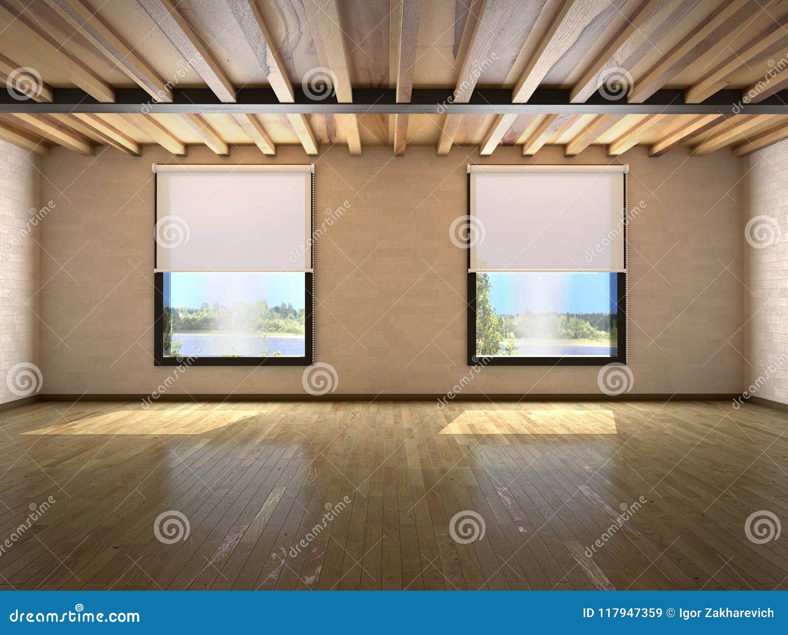 Empty Large Room with Windows and Beams on the Ceiling. Stock ...