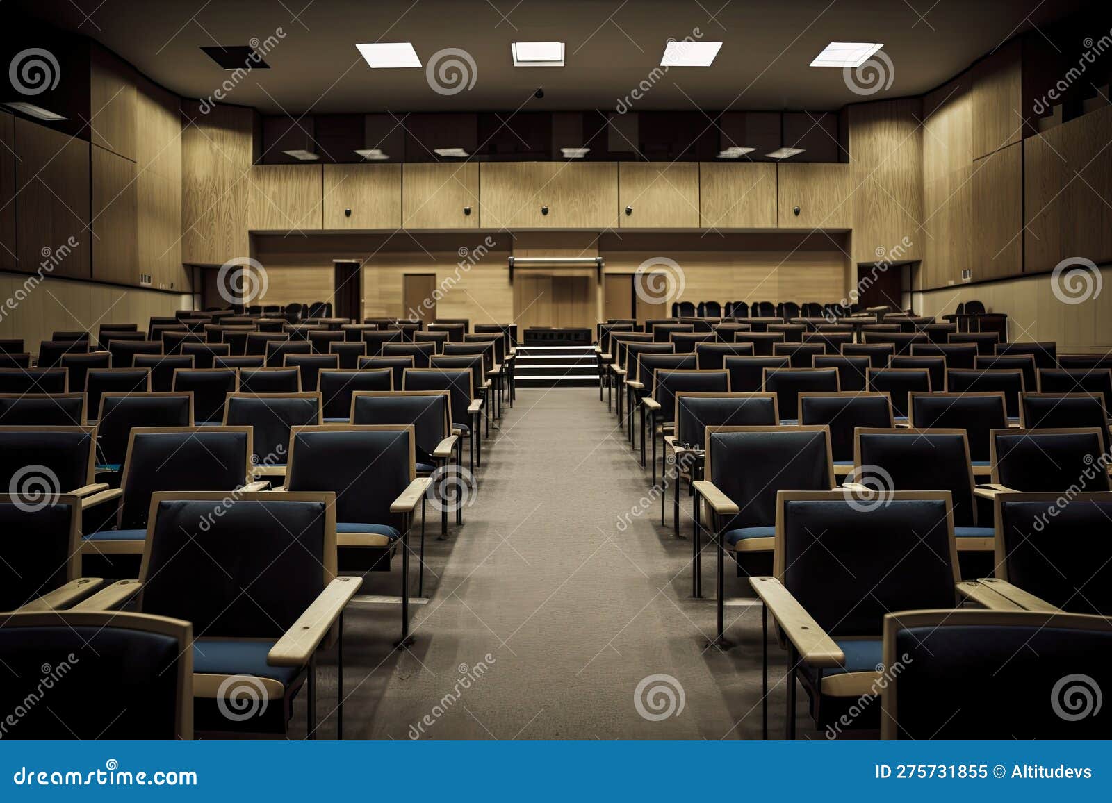 An Empty Lecture Hall, with Rows of Wooden Chairs in the Background ...