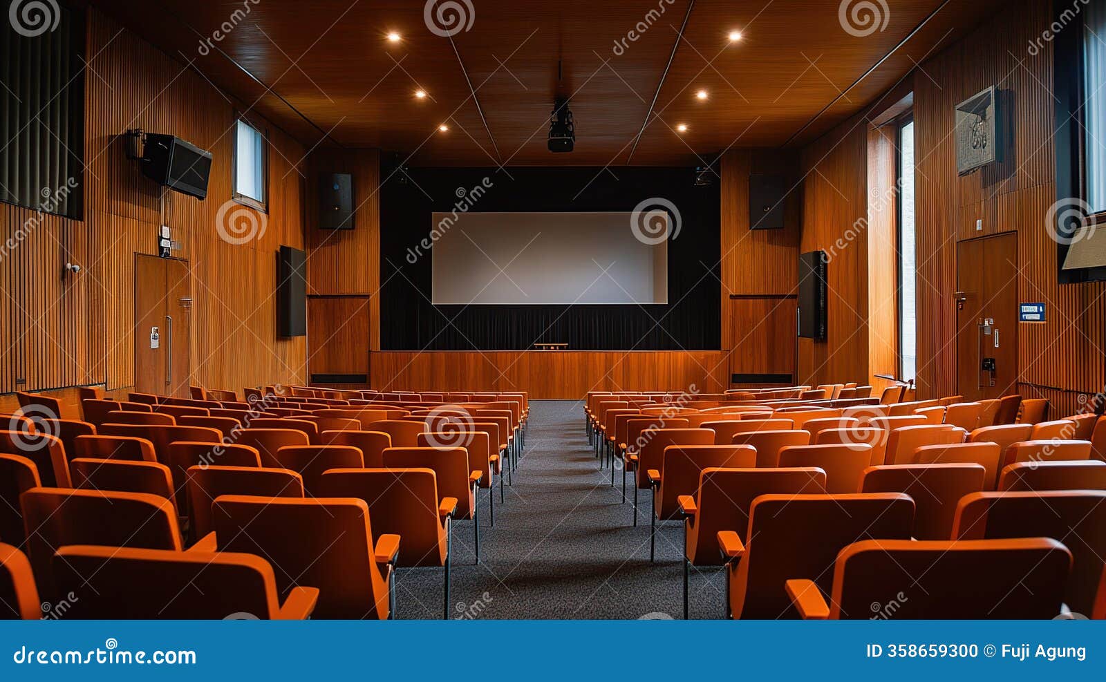 Empty Lecture Hall, Wooden Paneling, Screen, City View Stock ...