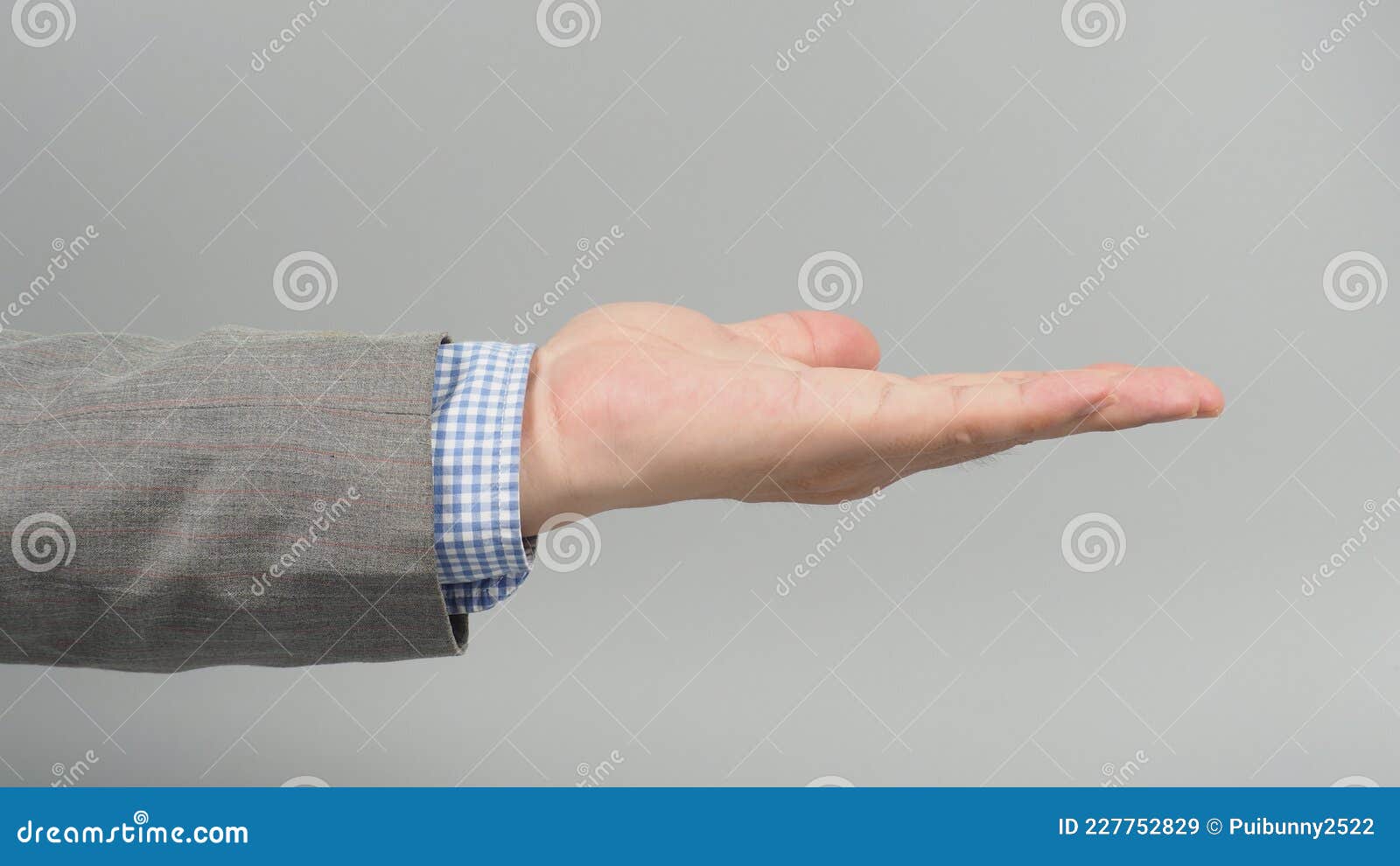 Empty Left Hand Gesture in Grey Suit on Grey Background. Businessman ...