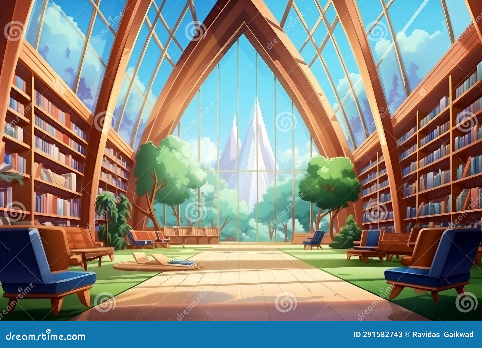 Empty Library Interior with Bookshelves and Trees Illustration AI ...