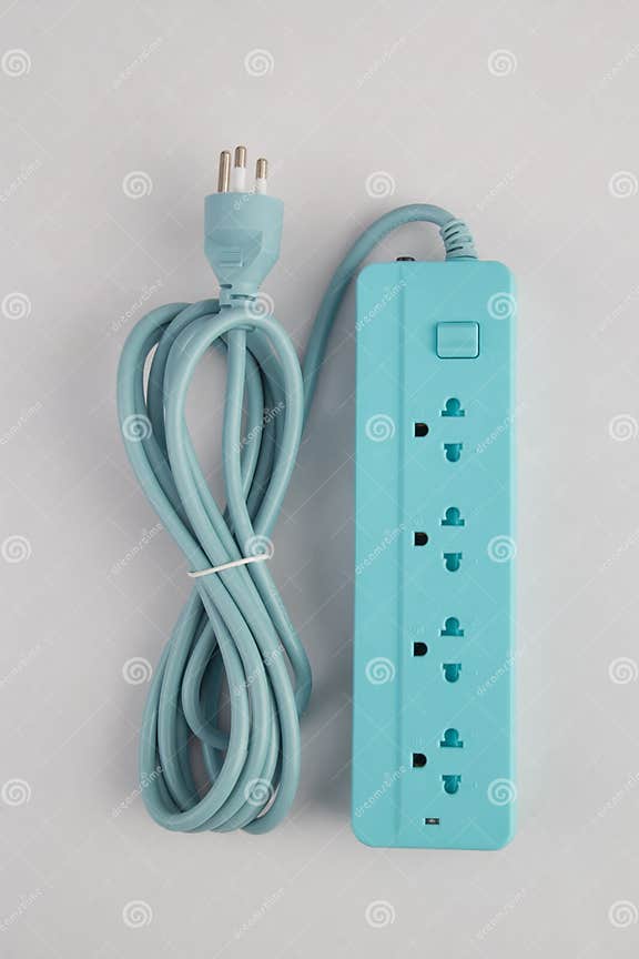 Empty Light Blue Electric Plug, Four Sockets Isolated on White Stock ...
