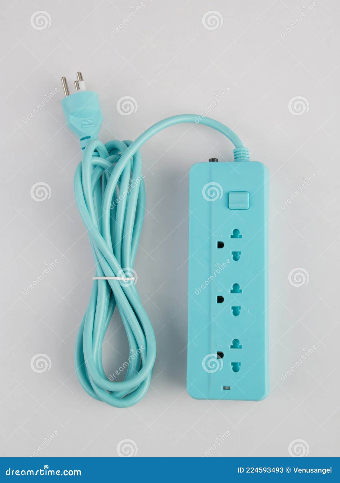 Empty Light Blue Electric Plug, Three Sockets with Long Cable Isolated ...