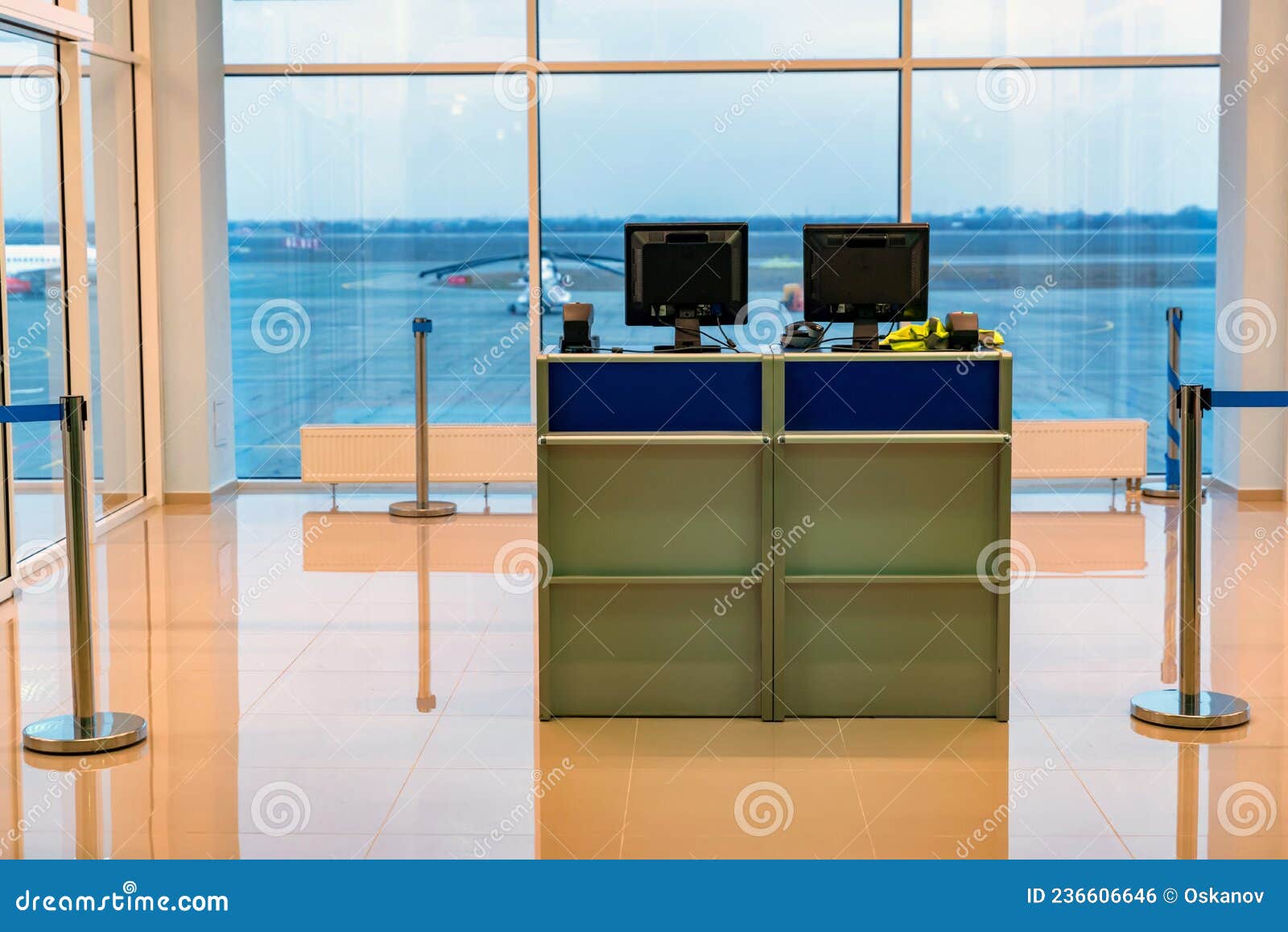 Empty Little Check-in Desks with Computers in Airport Stock Photo ...