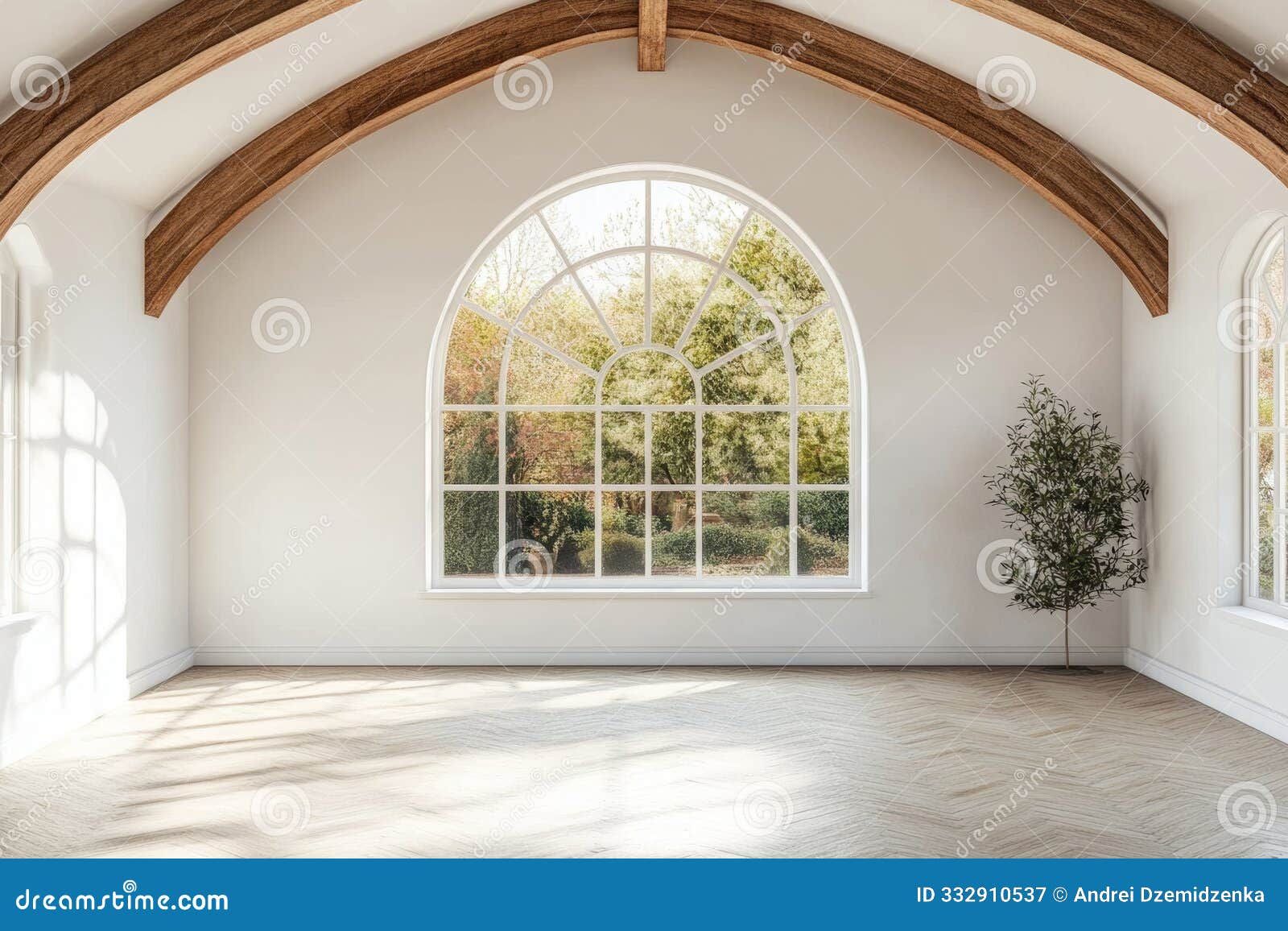 In an Empty Living Room with a Beige Arch Window Stock Image - Image of ...