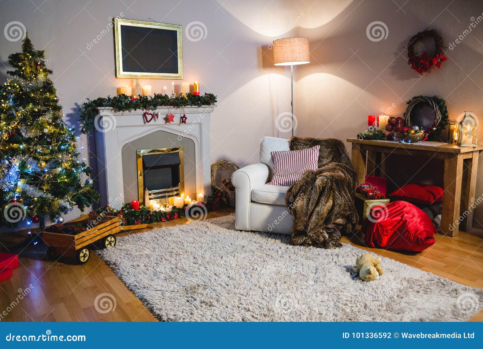 Living Room with Christmas Tree, Couch and Christmas Bag Stock Photo ...