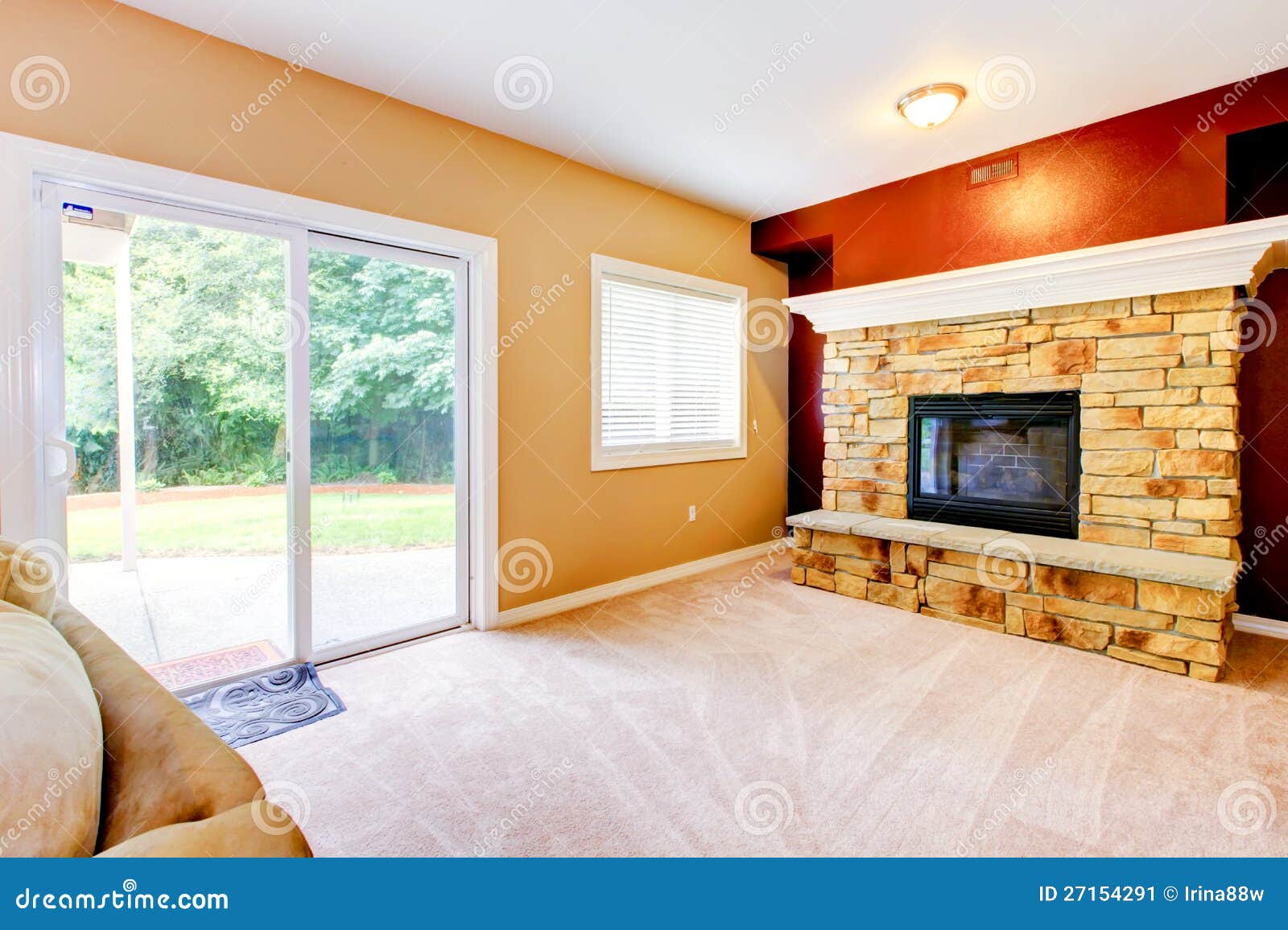 Empty Living Room with Large Fireplace Stock Image - Image of bright ...