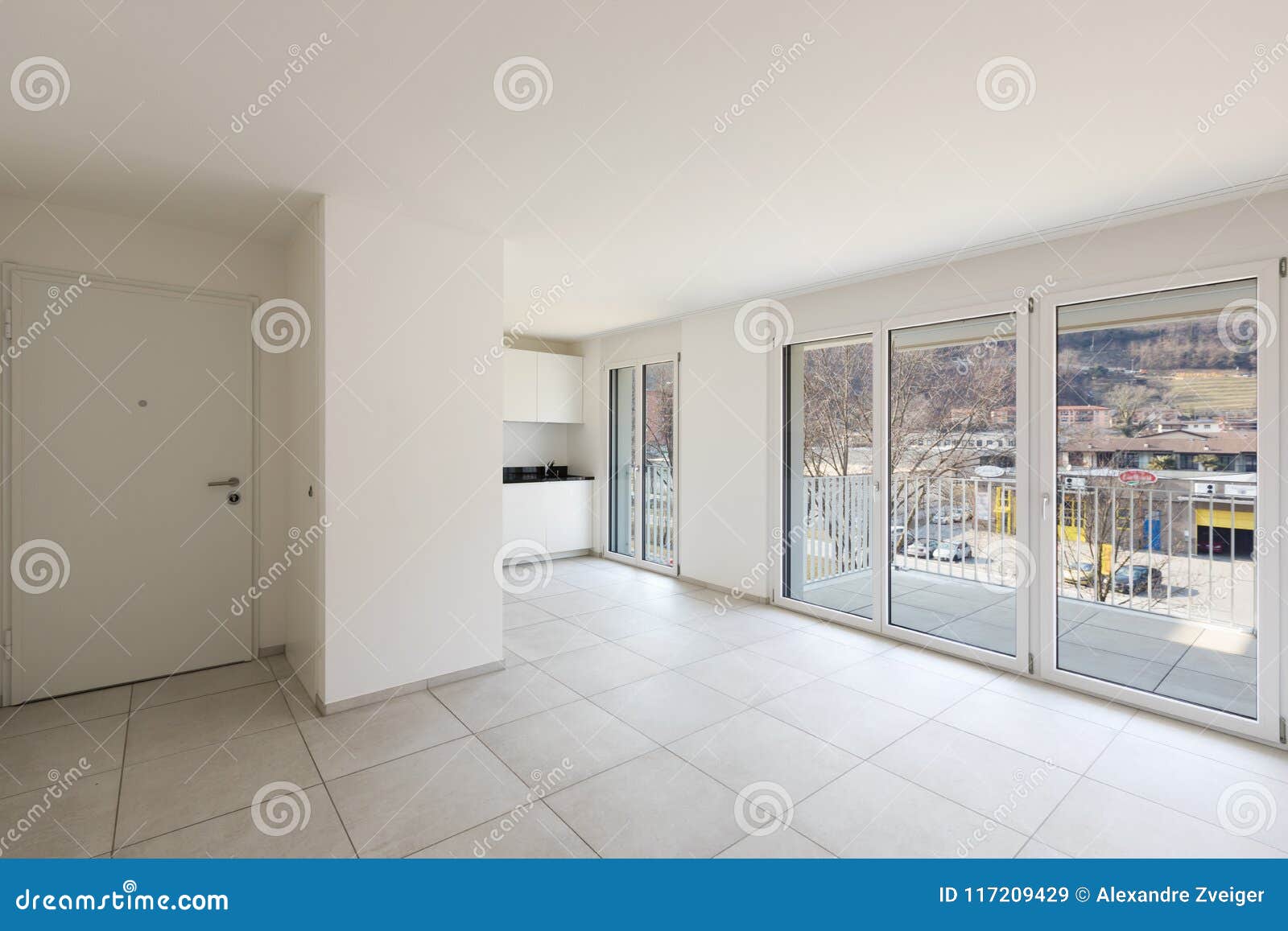 Empty Living Room with Large Windows Stock Image - Image of wall ...
