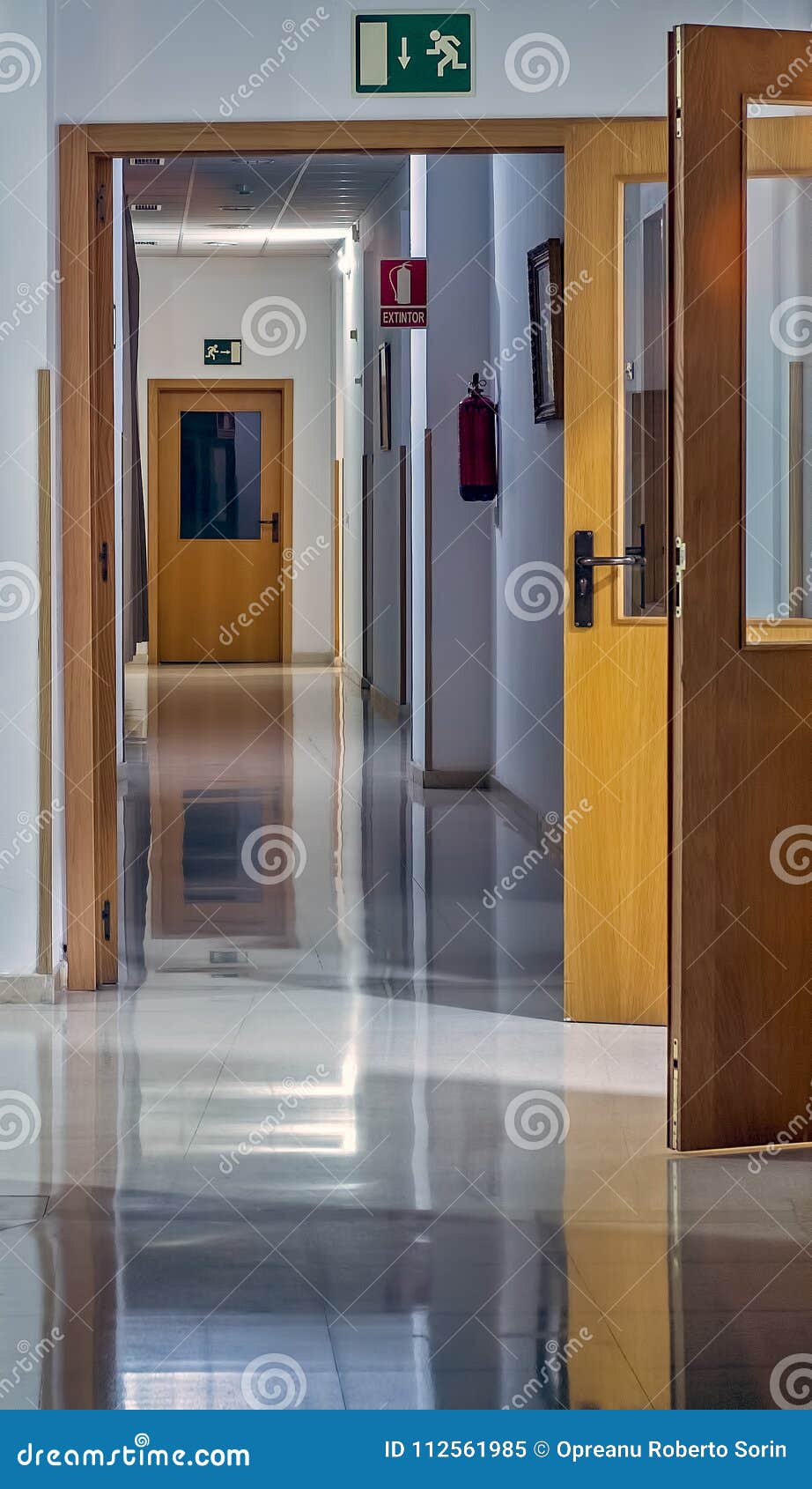 Empty lobby with exit sign stock image. Image of hallway - 112561985