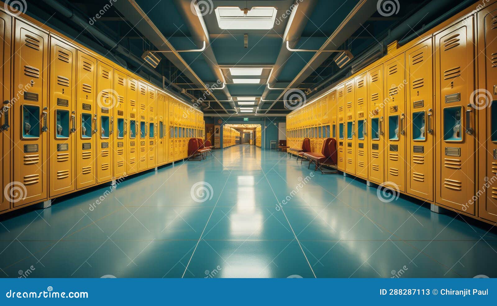 Empty Locker Room with Blue and Yellow Lockers in a Row Stock Image ...