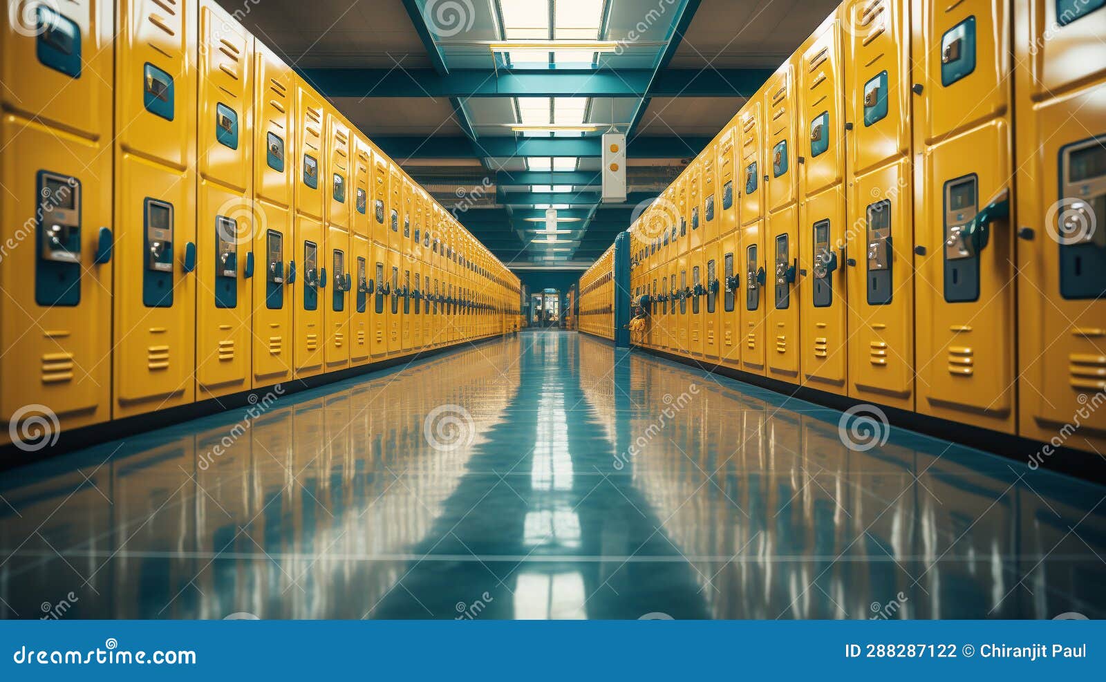 Empty Locker Room with Blue and Yellow Lockers in a Row Stock ...