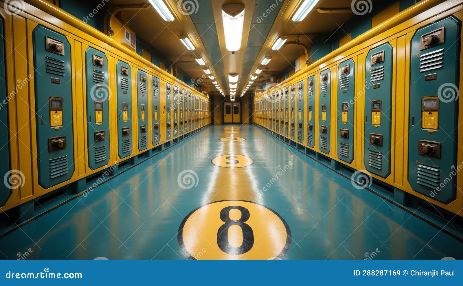 Empty Locker Room with Blue and Yellow Lockers in a Row Stock Image ...