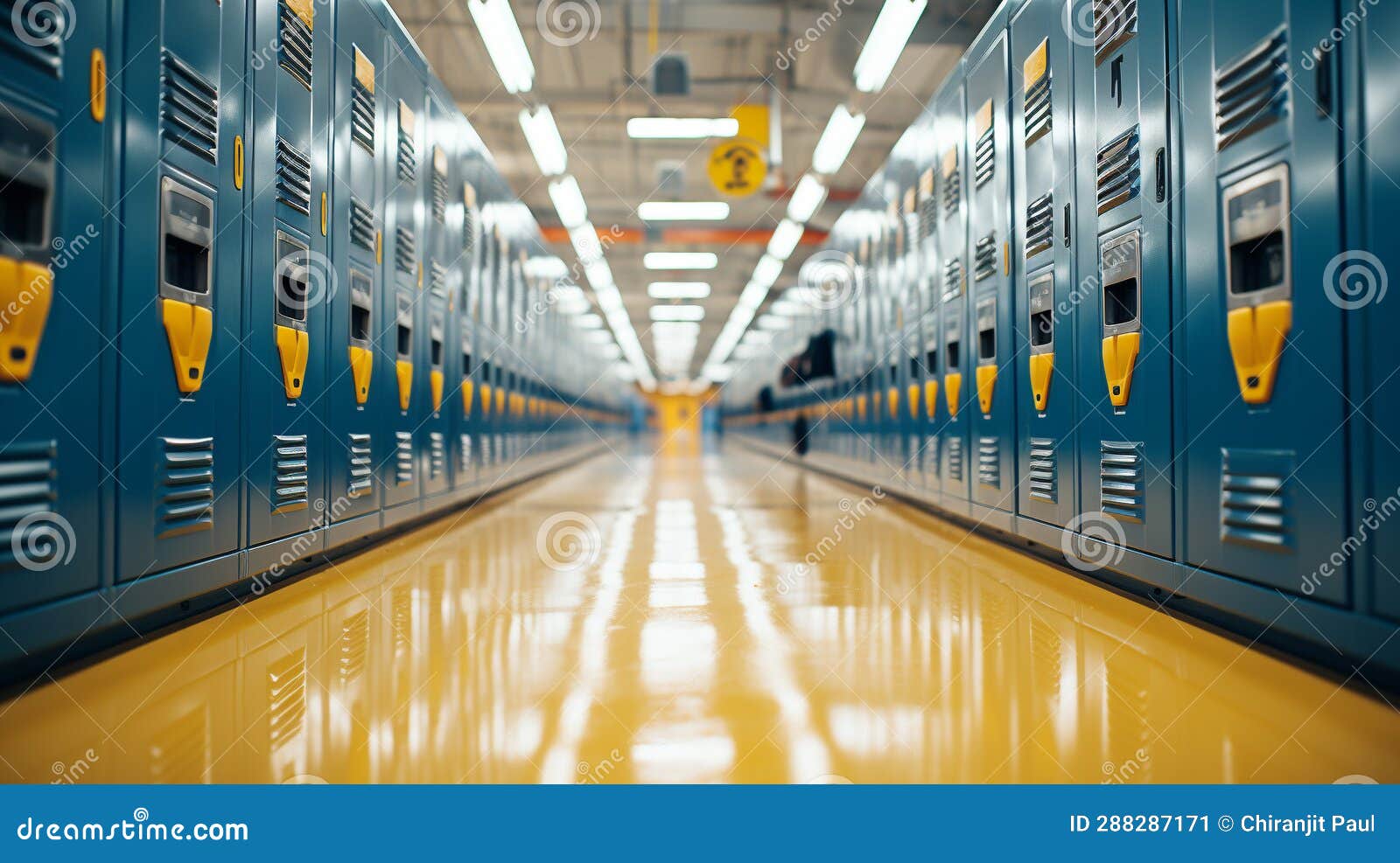 Empty Locker Room with Blue and Yellow Lockers in a Row Stock Image ...