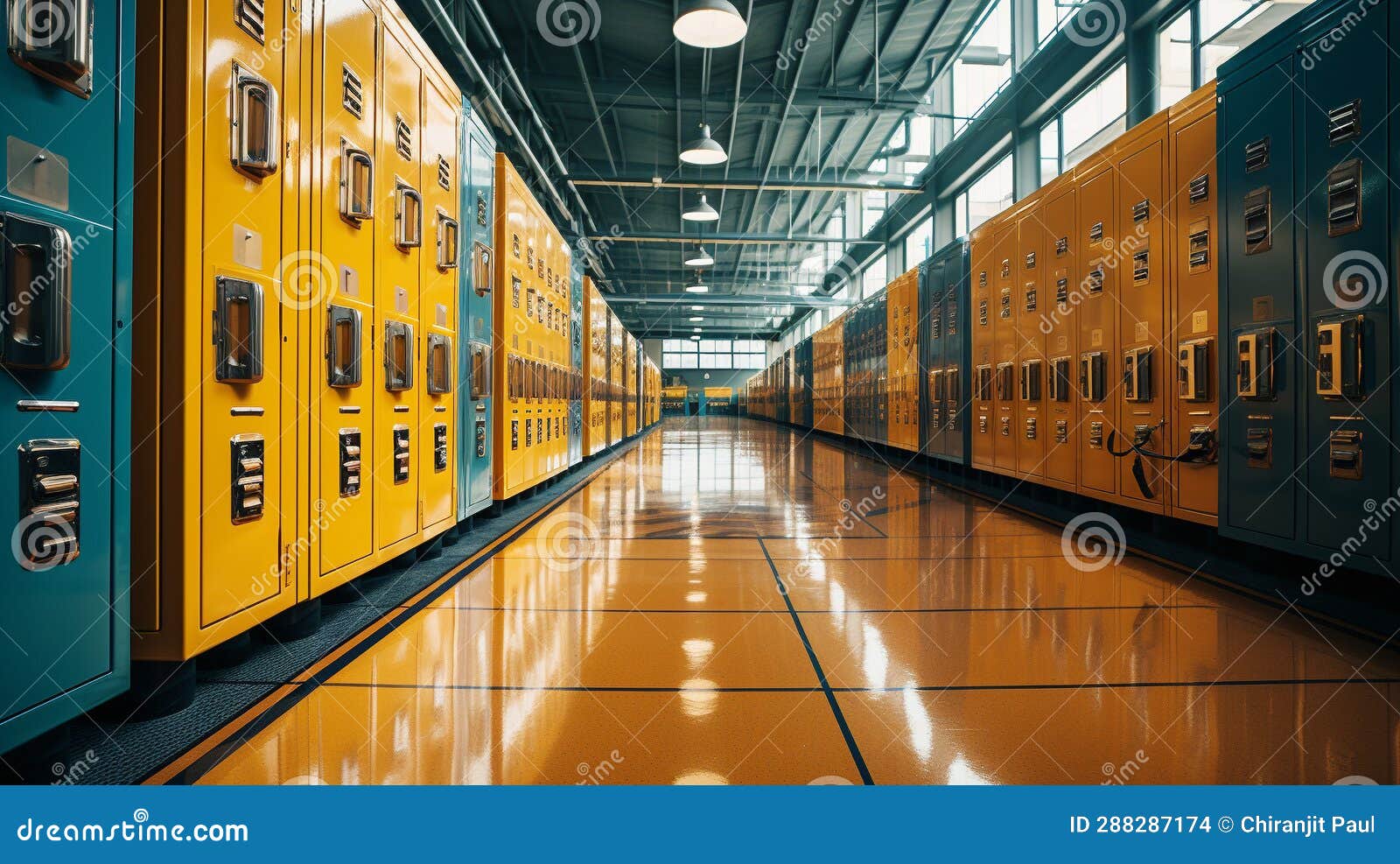 Empty Locker Room with Blue and Yellow Lockers in a Row Stock Photo ...