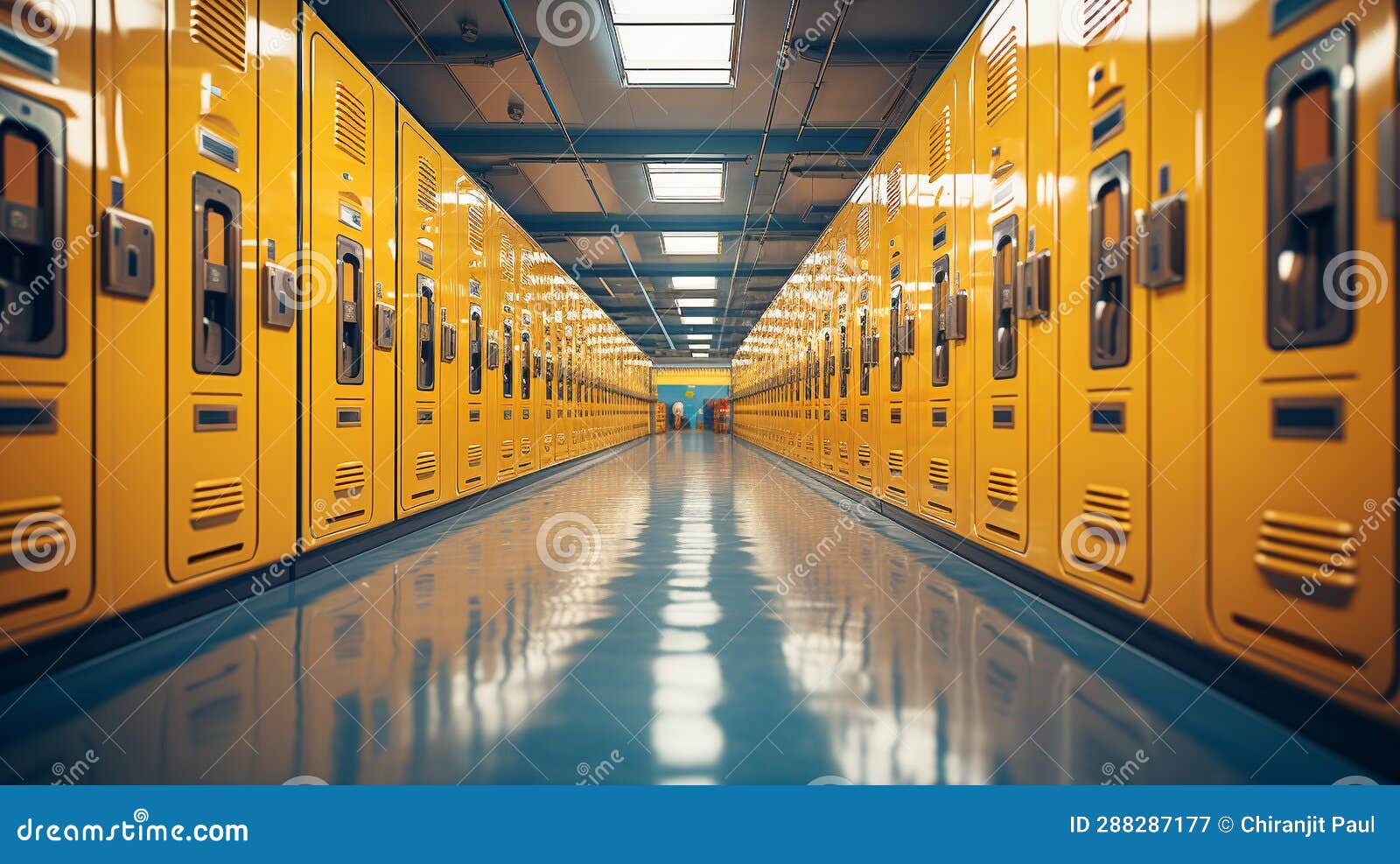 Empty Locker Room with Blue and Yellow Lockers in a Row Stock Image ...