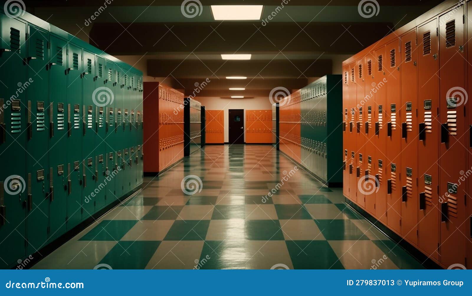 Empty Locker Room with Blue and Yellow Lockers in a Row Generated by AI ...