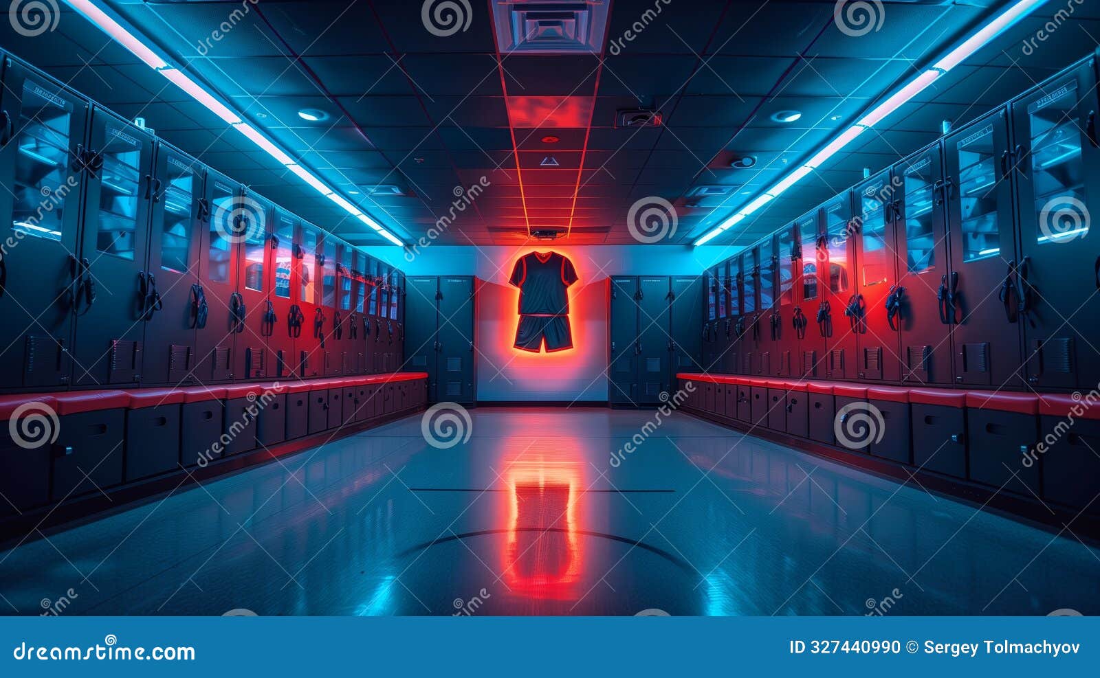 Empty Locker Room with Red and Blue Neon Lights Stock Photo - Image of ...