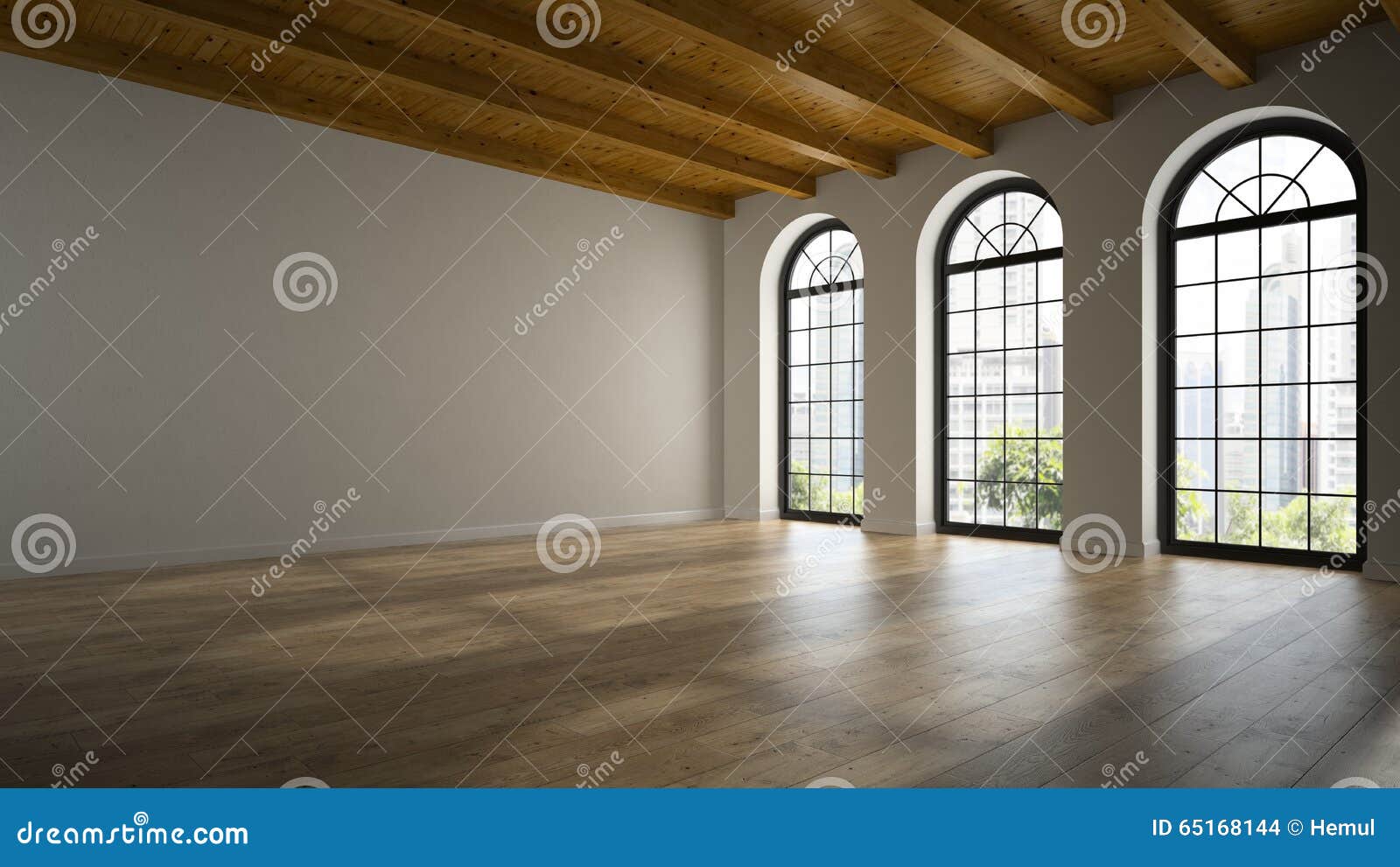 Empty Loft Room With Wooden Ceiling 3D Rendering Royalty-Free Stock ...