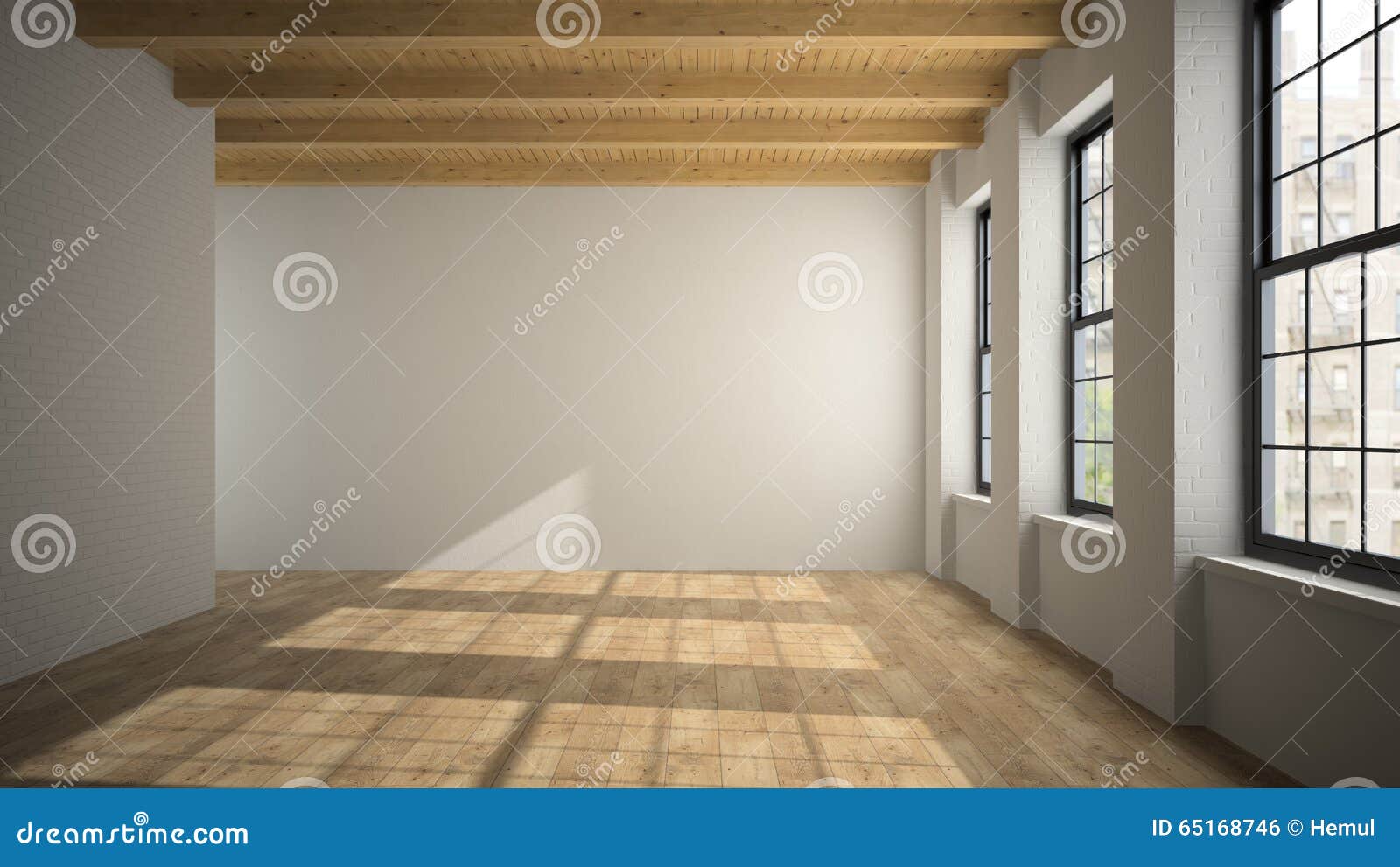 Empty Loft Room With Wooden Ceiling 3D Rendering Royalty-Free Stock ...
