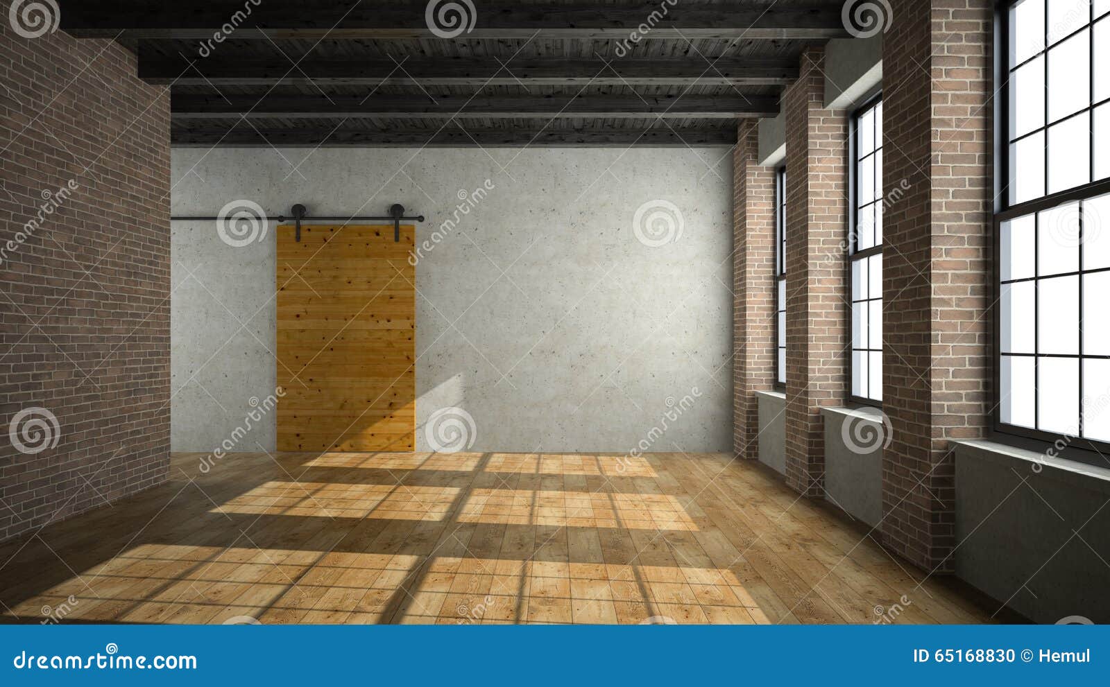 Empty Loft Room with Wooden Door 3D Rendering Stock Illustration ...
