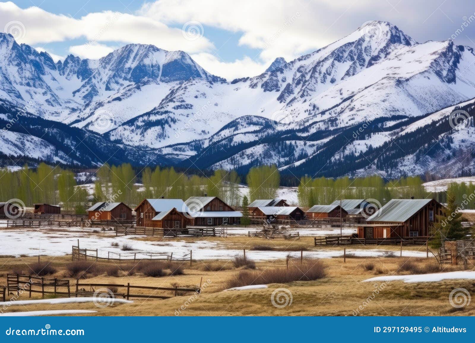 Empty Log Cabins Lined Up Against Snowy Mountains Stock Image - Image ...